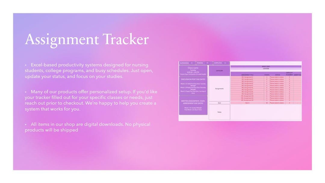 Nursing School Assignment Tracker | Excel Academic Planner (digital ...