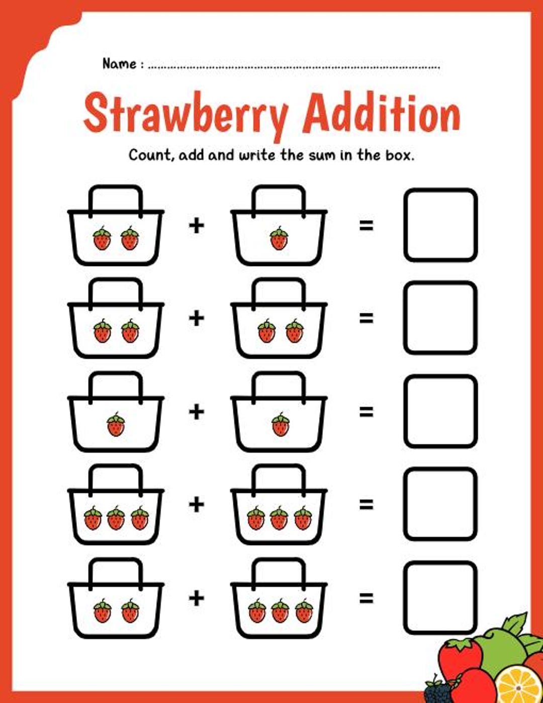 Strawberry Addition Teacher Worksheet Count, Add and Write the Sum in ...