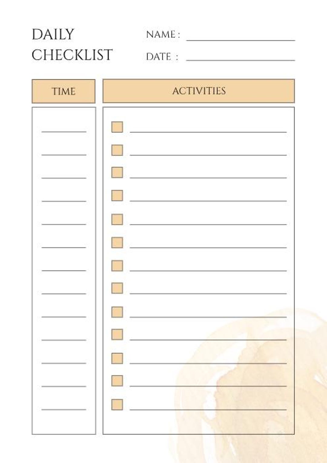 Daily Checklist With Time and Activities Columns White and Peach Color ...