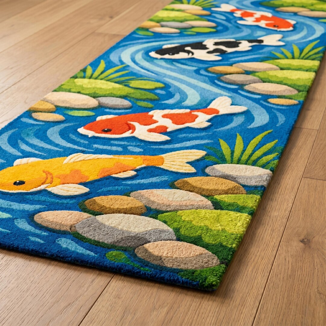 Koi Fish Runner Rug, Colorful Pond Stream Design, Nature Inspired Floor ...