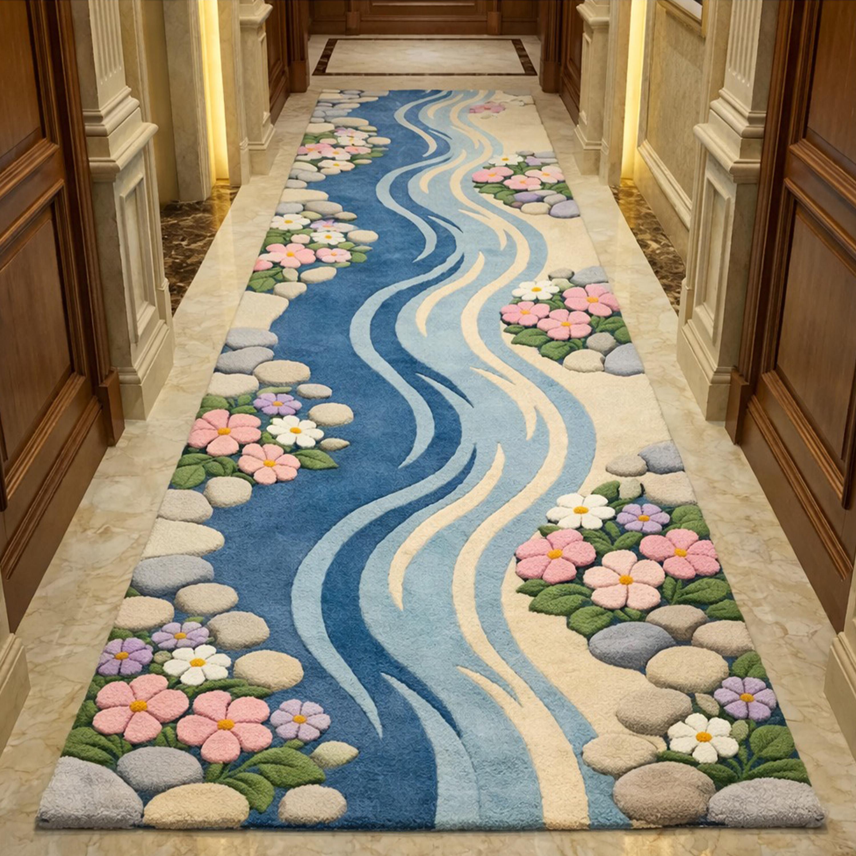 Hand Tufted River Runner Rug, Floral Pebble Pathway, Nature Inspired ...