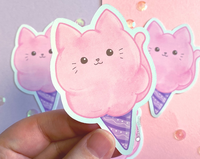 Pink Cotton Candy Cat Waterproof Sticker - Cat Die Cut Stickers ...