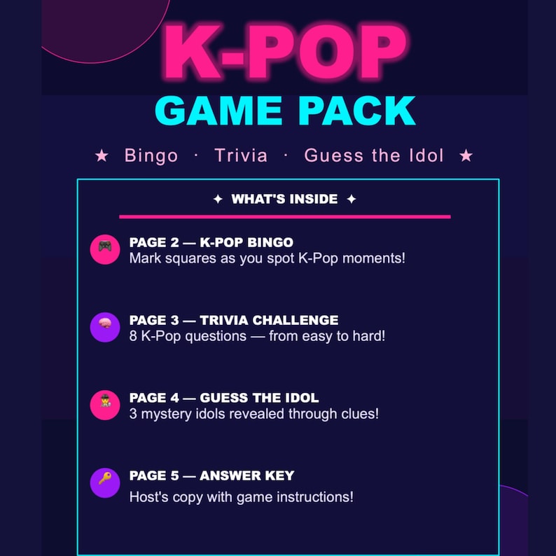 K-pop Party Games | Bingo, Trivia, Guess the Idol | Digital Download ...