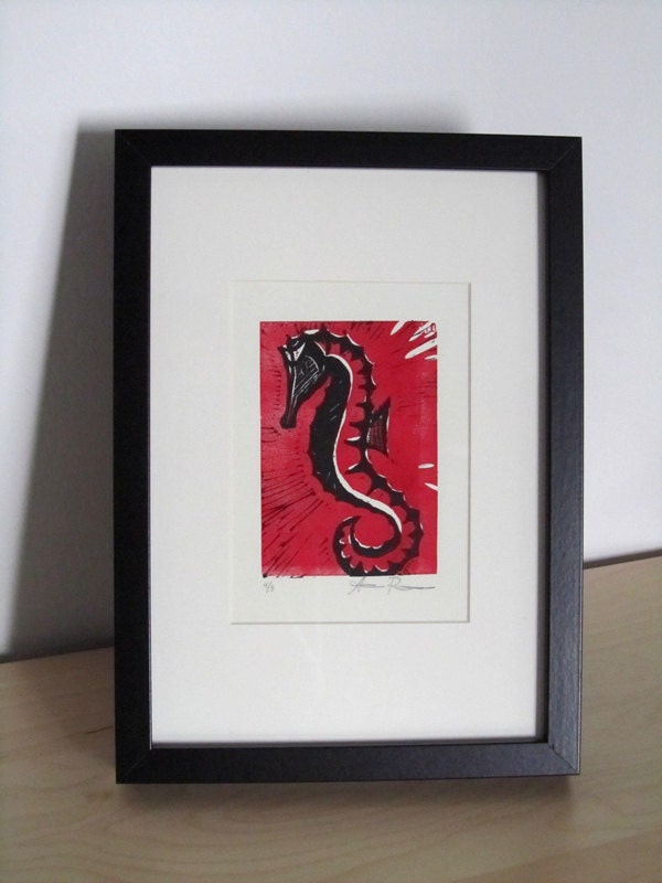 Seahorse Linocut - Free Shipping - Etsy
