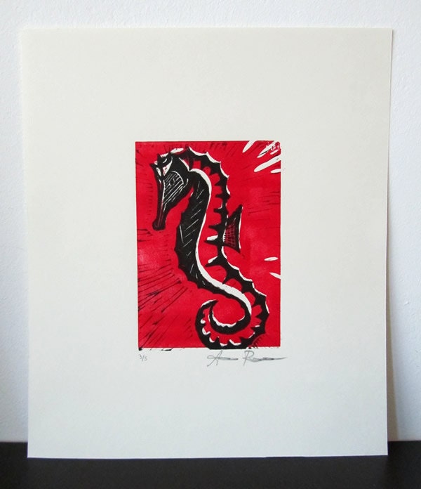 Seahorse Linocut Free Shipping - Etsy