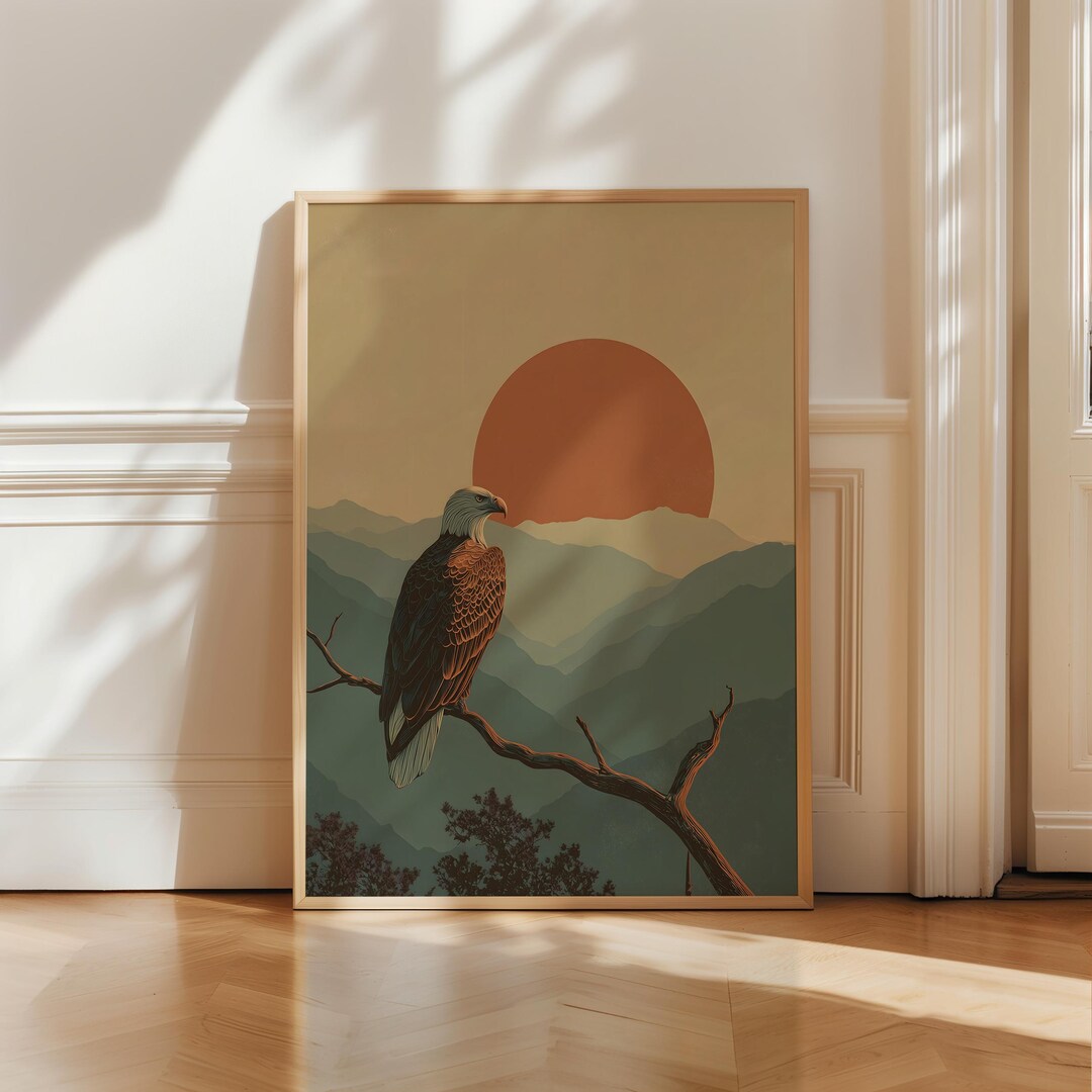 Eagle Sunset Illustration Print | Japandi Mountain Wall Art, Minimalist ...