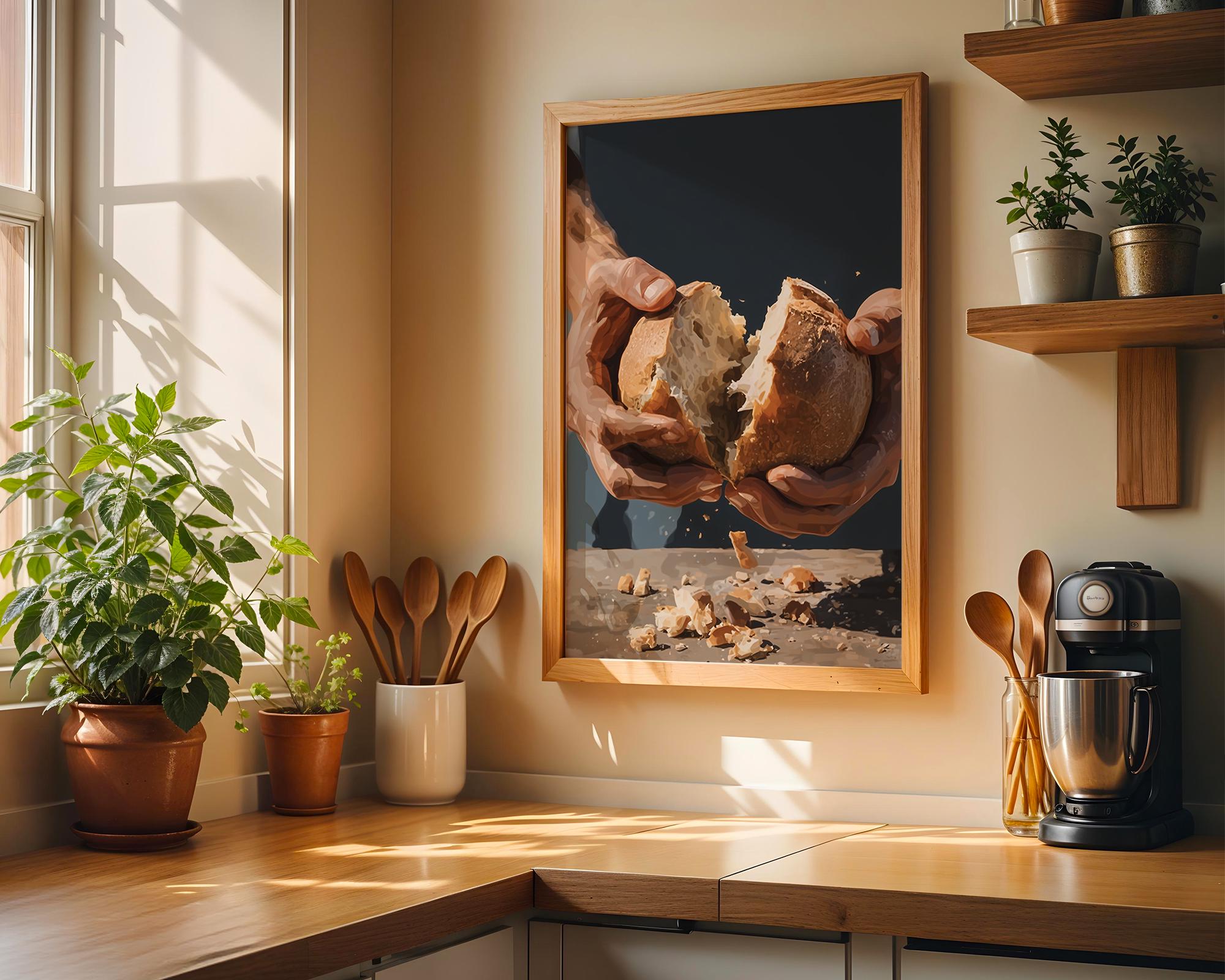 Breaking Bread Print | Rustic Kitchen Wall Art, Warm Minimalist Bakery ...