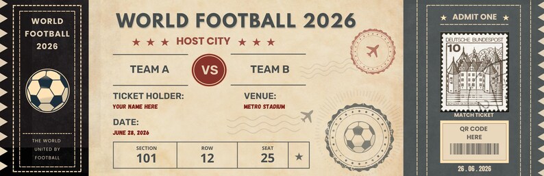 Custom World Cup 2026 Matchday Ticket Template, Editable Birthday ...