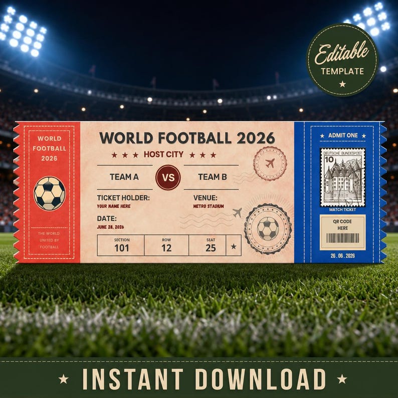Custom World Cup 2026 Matchday Ticket Template, Editable Birthday ...