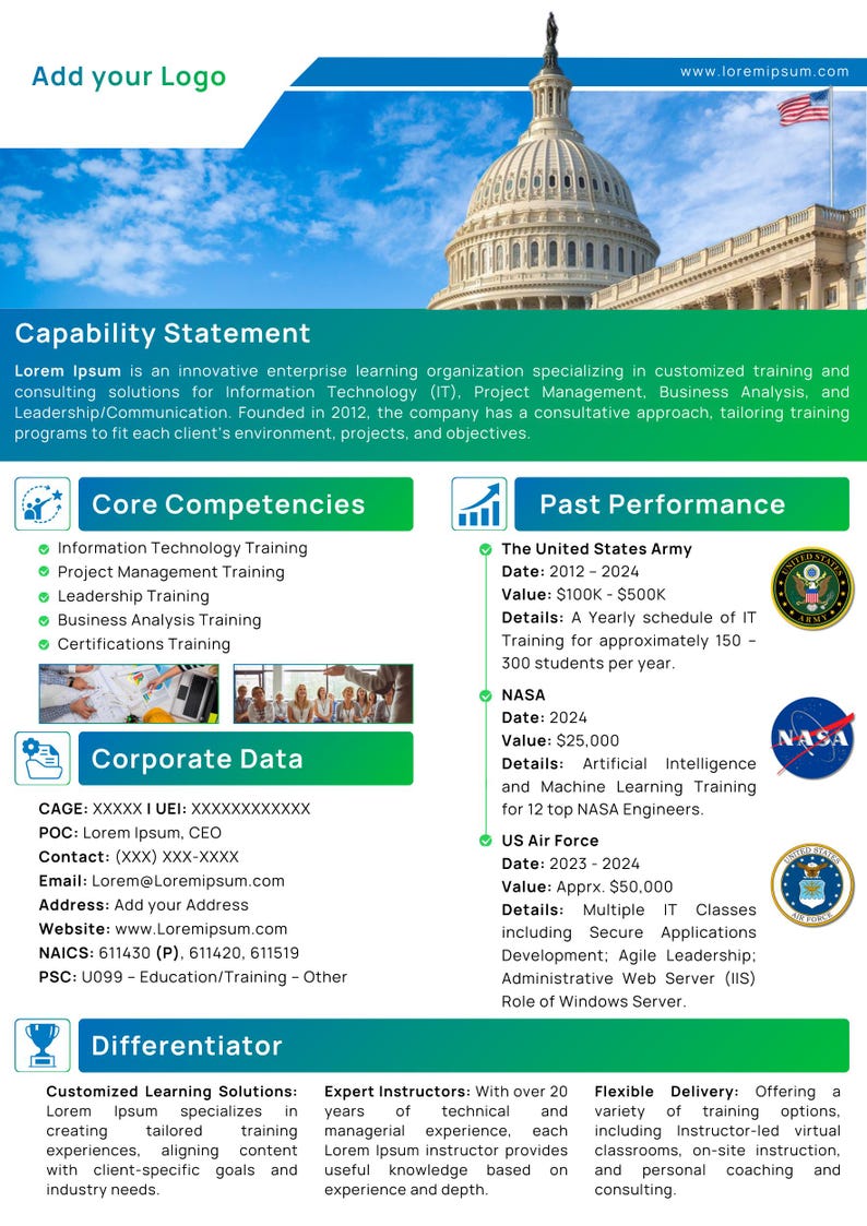 Canva Editable Capability Statement Template | Federal Contracting ...