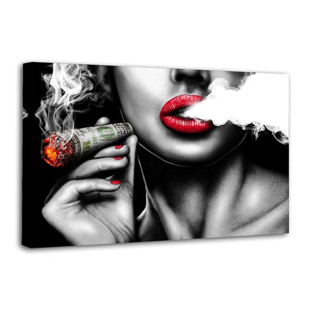Smoky Money Art Print, Red Lips & Burning Cash, Black and White Woman ...