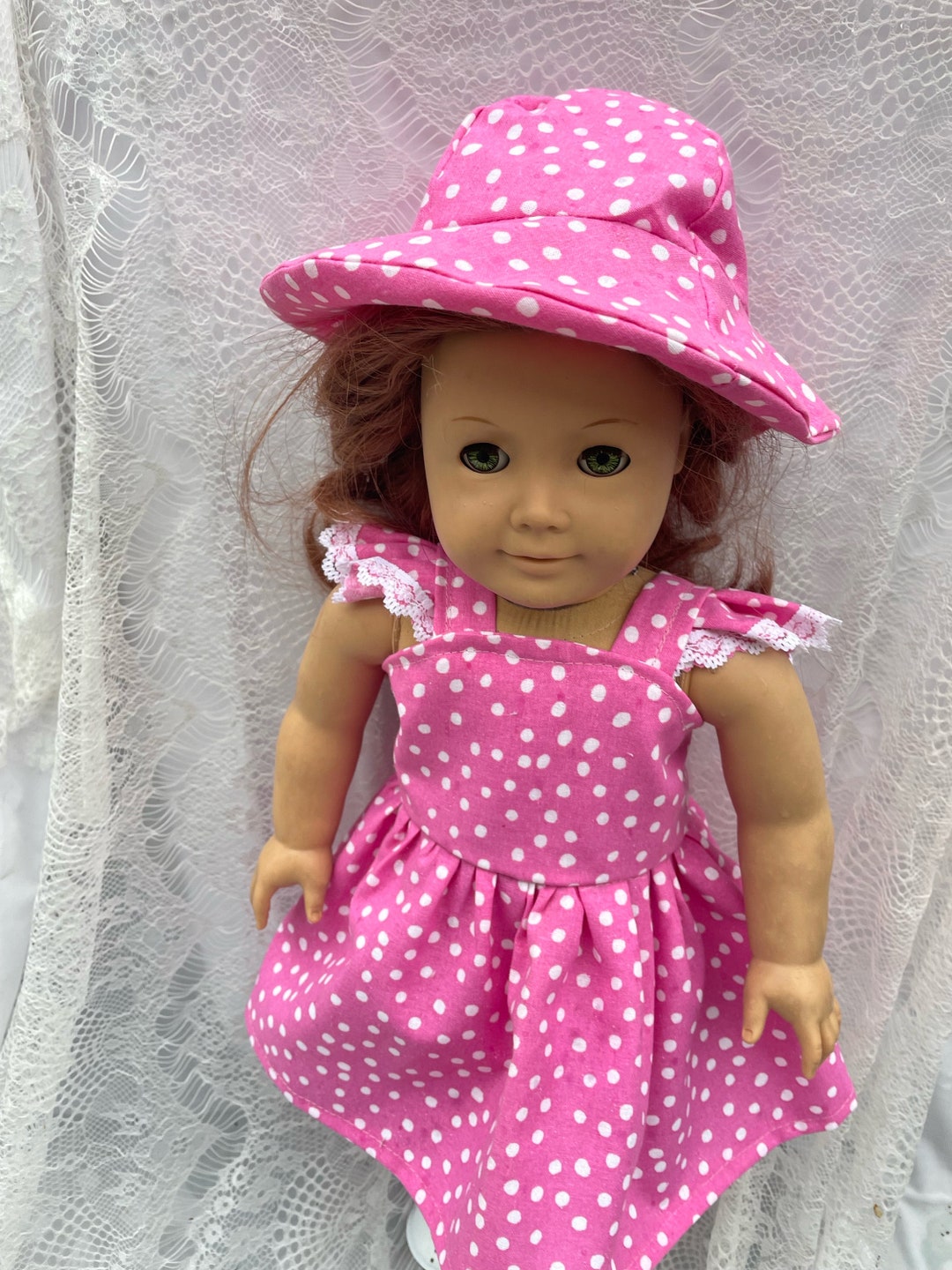 18 Inch Doll Dress Pink White Polka Dots Doll Dress Matching Brim Hat ...