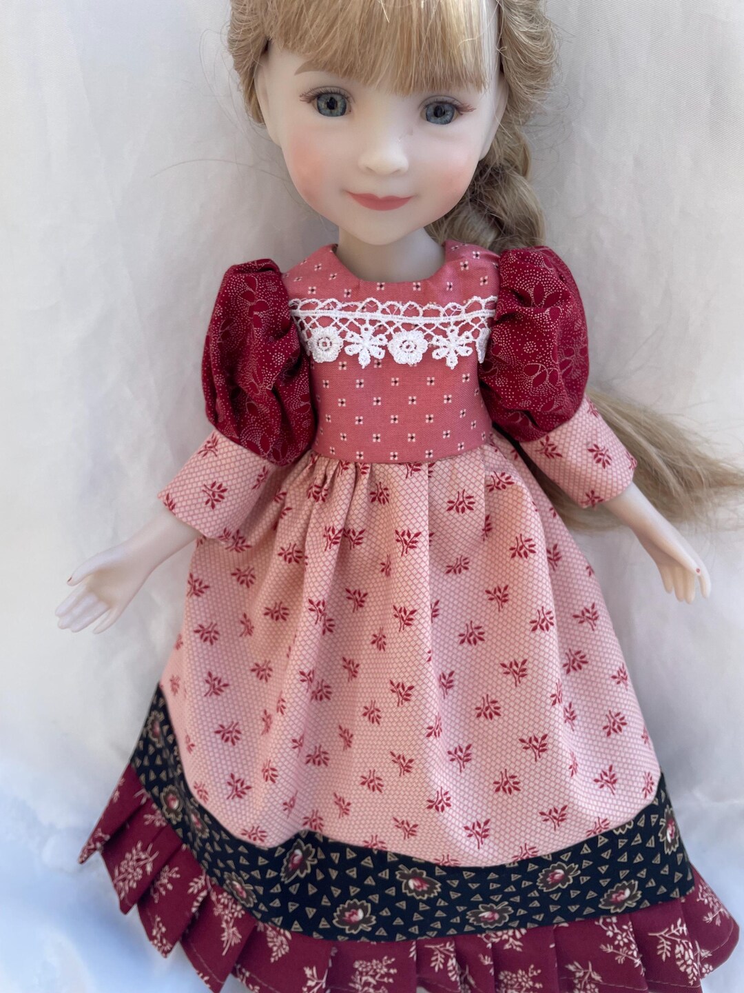 Ruby Red Doll Dress Civil War Red Pink Flower Cotton Fabric Fits 14 ...