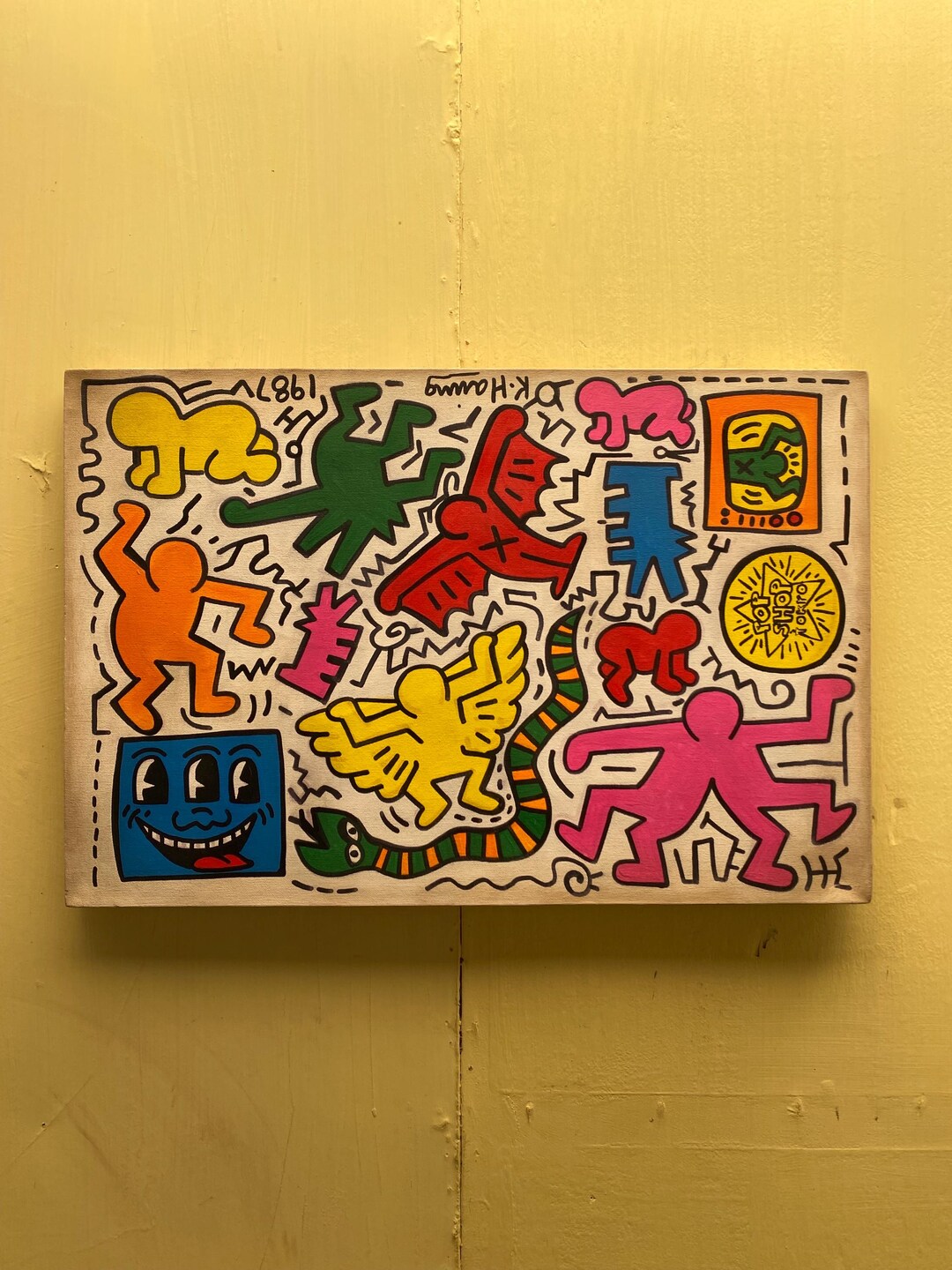 Keith Haring Artist Oil Painting Canvas Signed Stamped Hand Handmade ...