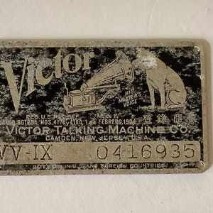 Vintage Victrola Victor Talking Machine Model VV-IX Name Plate ID ...