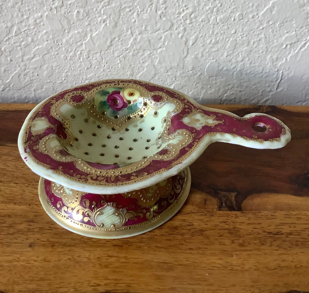 Hand Painted Tea Strainer & Base Roses Beaded Gold Antique - Etsy