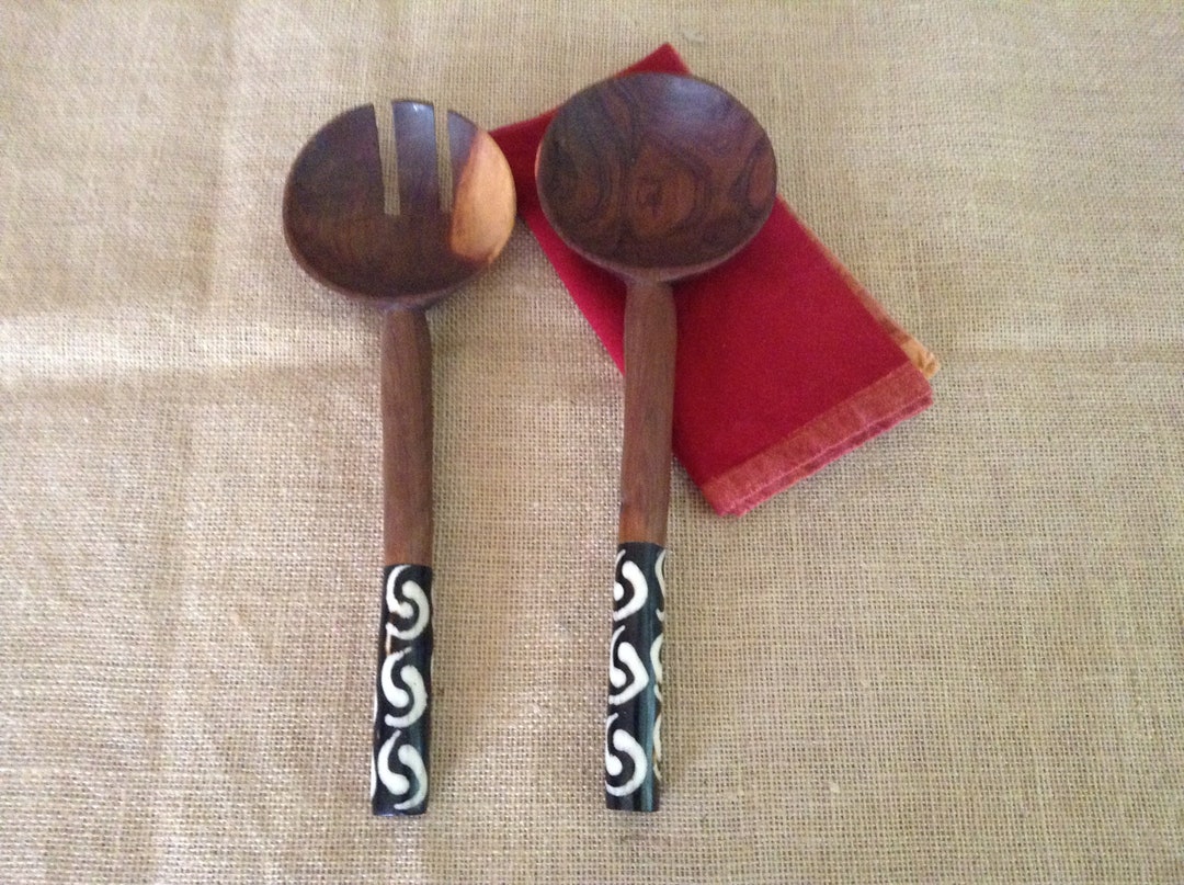 AFRICAN ART~ Salad Utensil Set~olive Wood~ With Bone Inlay Handles ...