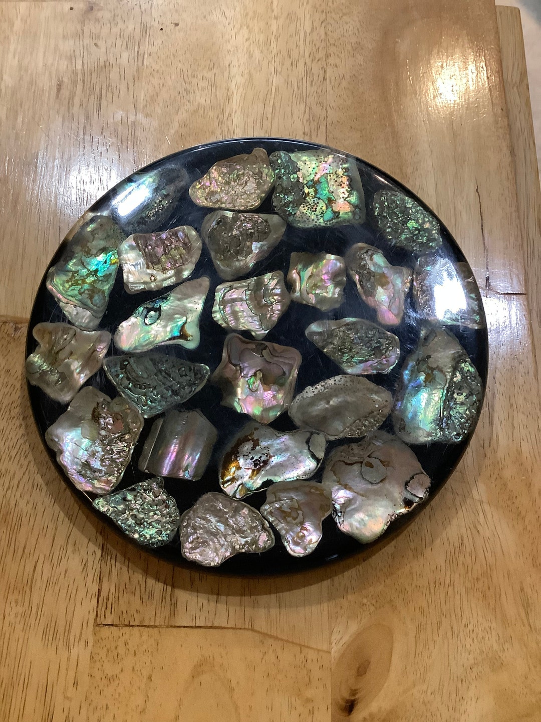 Large Vintage Abalone Shell Lucite Trivet Hot Plate Round MCM Pacific ...