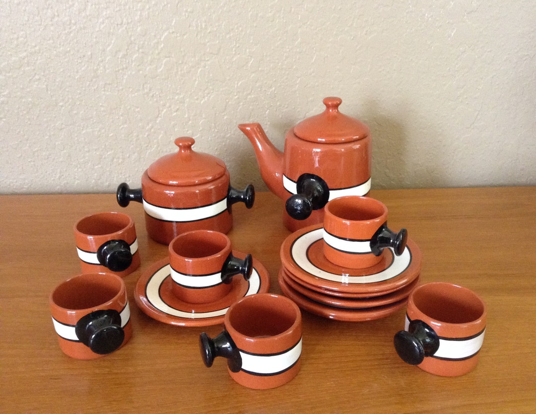 Vtg~glazed Terra Cotta~art Deco~teapot~sugar Bowl~cups~saucers ...