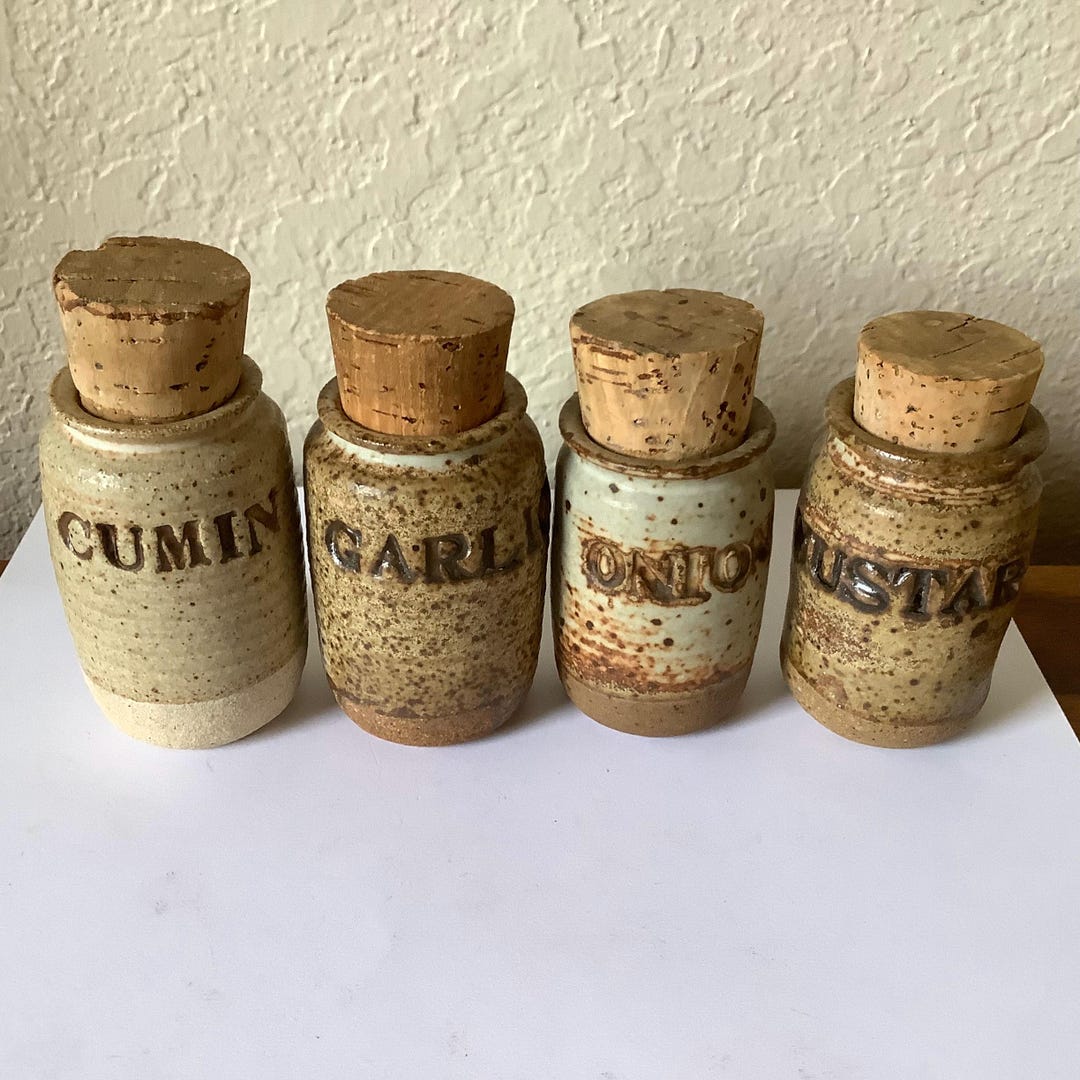 Set of Four Vintage Stoneware Pottery Spice Jars With Corkscumin ...