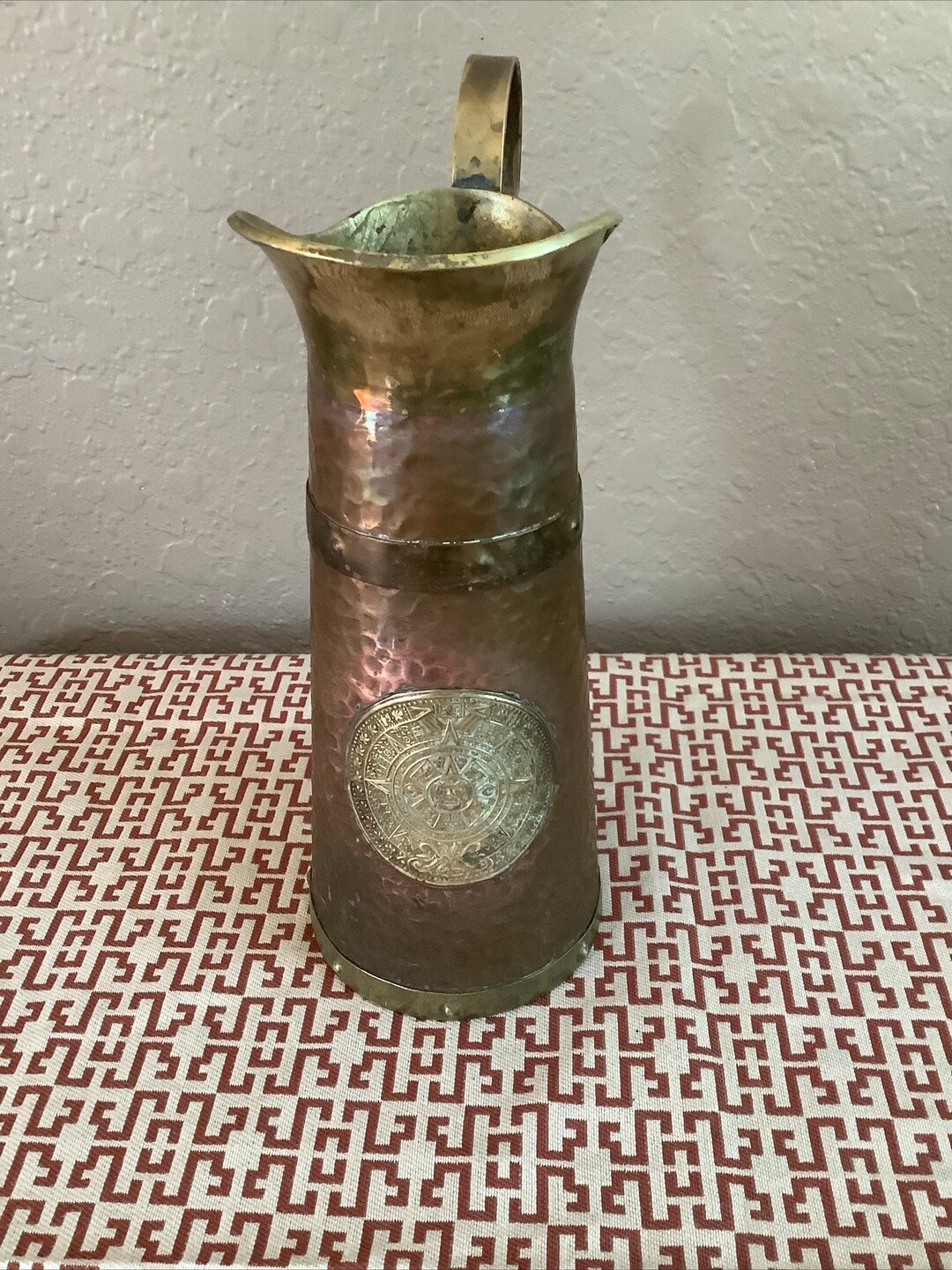 Vintage Hammered Copper and Brass 9.75” Pitcher – Aztec Mayan Calendar ...