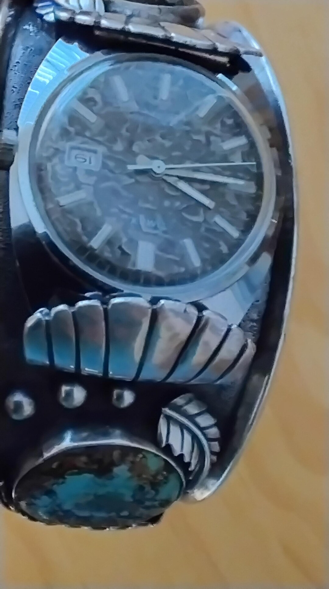 Sterling Navajo Coral & Turquoise Watch Cuff Bracelet W/timex Automatic ...