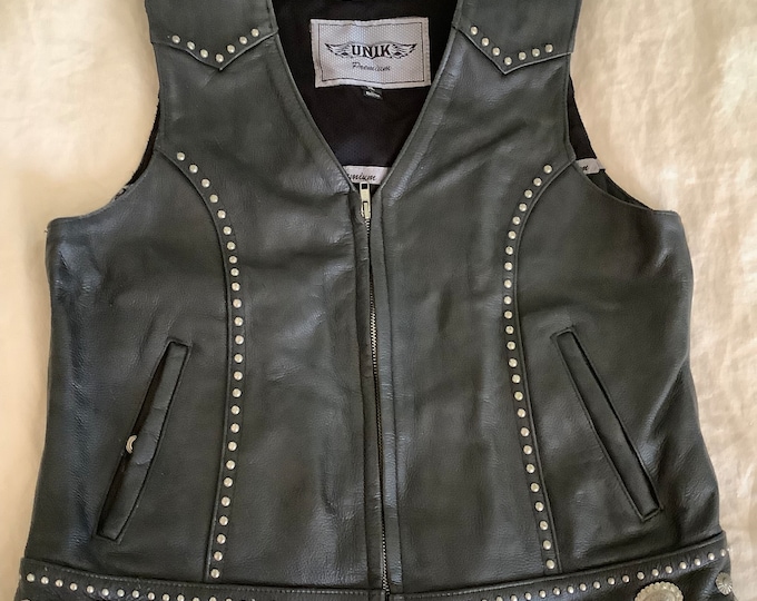 UNIK Premium Women's Biker Motorcycle Black Leather Vest Silver Accents ...