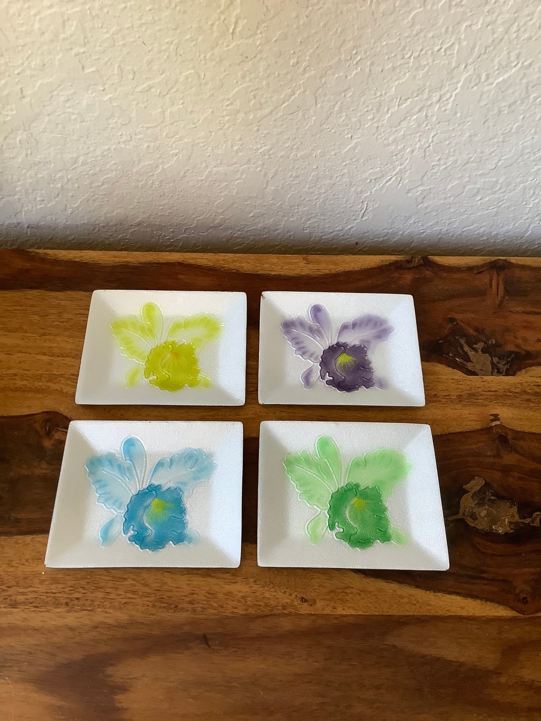 Set of (4) ~ Metal and Enamel Plates ~raised Flowers~3d~4 5/8 X 3 5/8 ...