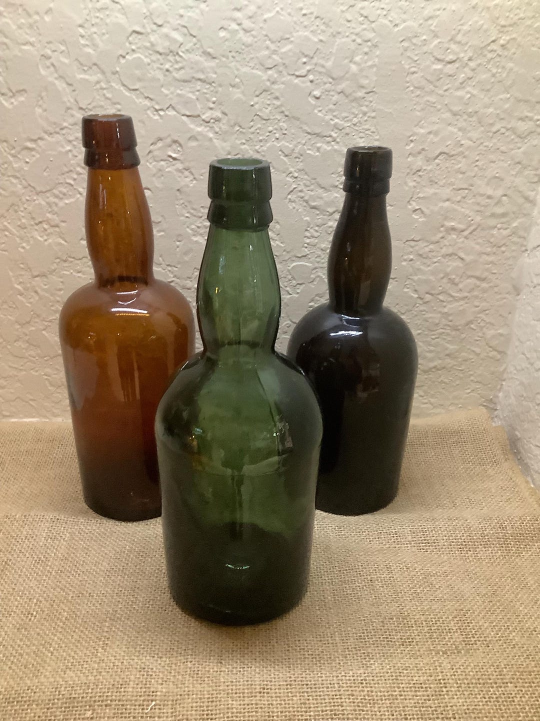 Three~ Antique~ Glass Lady Leg Whiskey Bottles~green~amber~brown~9.75 ...