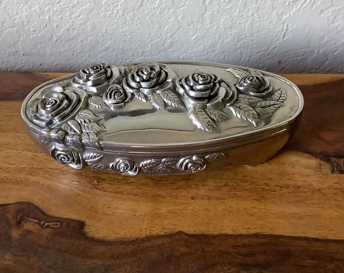 Vintage Godinger Art Nouveau Silver Plated Rose Jewelry Box With Red ...