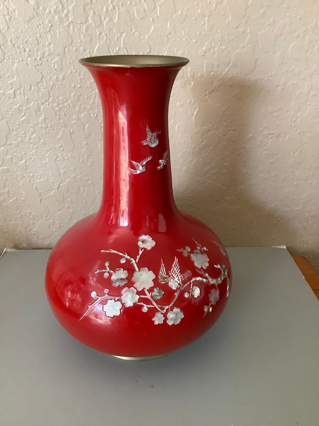 Vintage Asian Red Enamel Vase~ Brass and Mother of Pearl Inlay~10" H - Etsy