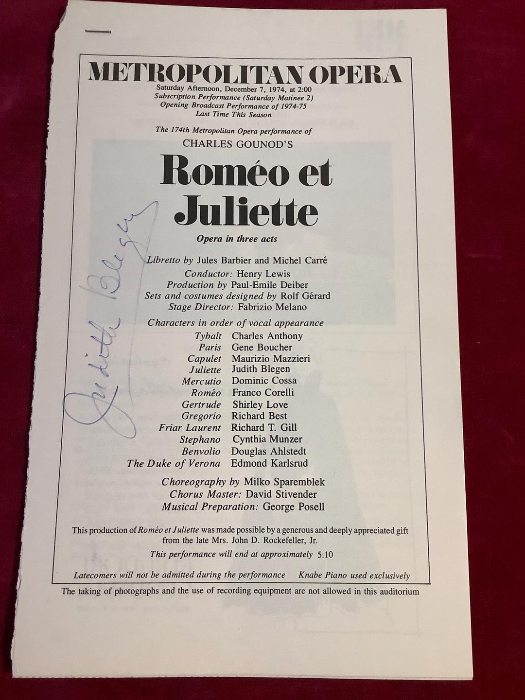 METROPOLITAN OPERA Romeo Et Juliette 12/7/1974 Judith Blegen Signed ...