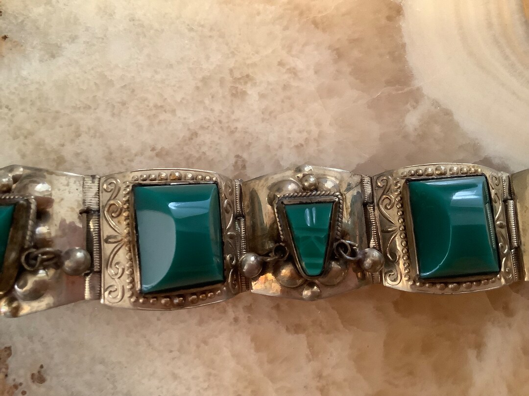 Taxc0~alpaca Silver Mexico Panel Link Bracelet W/art Glass Stones~7.5 ...