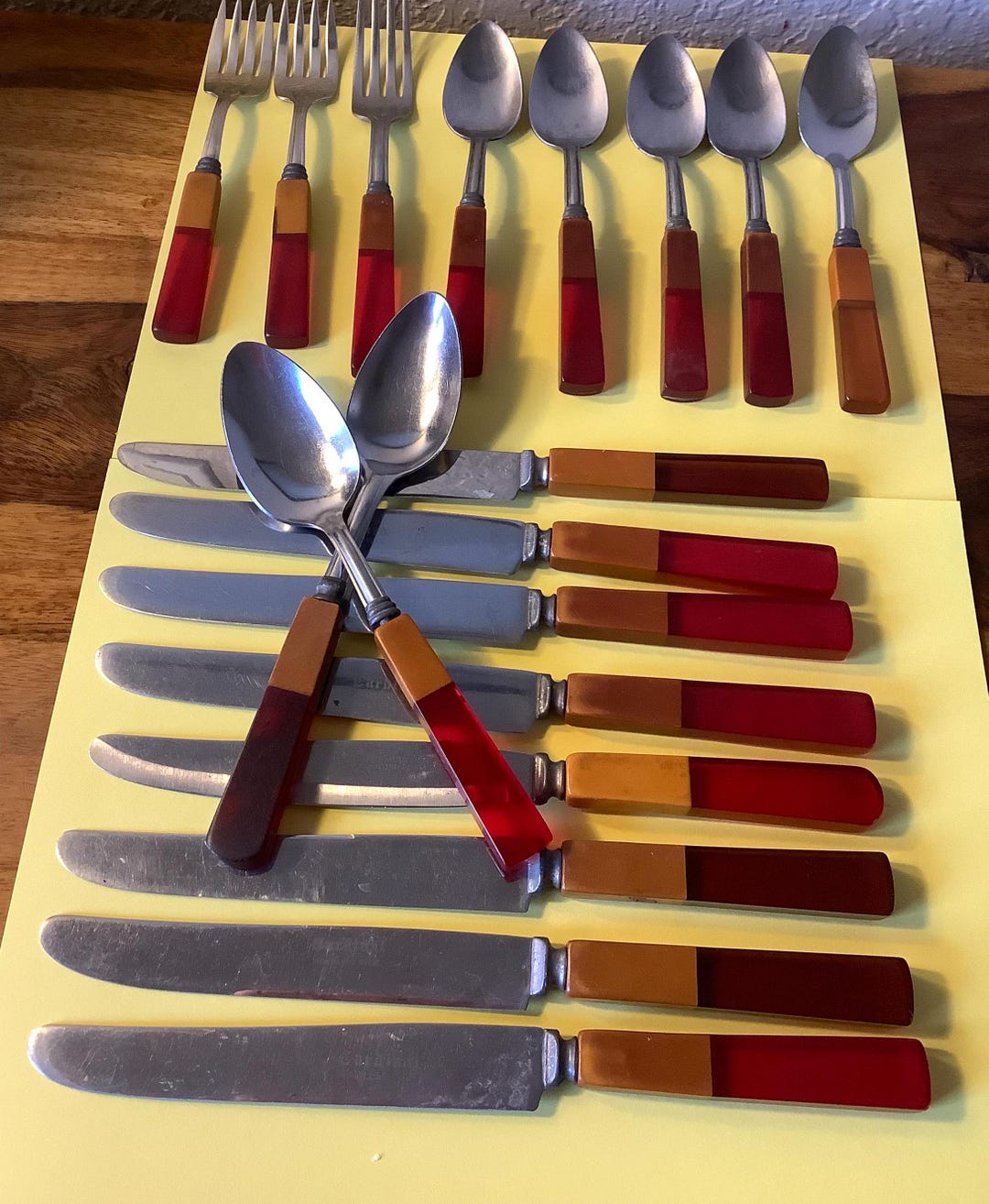 18 Piece Flatware Set Cherry and Butterscotch Bakelite~ Art Deco~ 2 ...
