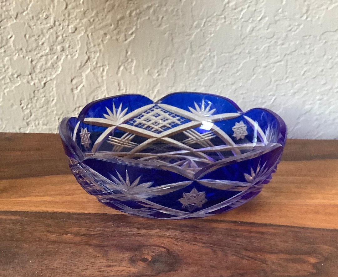 Bohemian Glass Bowl Cobalt Blue Cut to Clear Lead Crystal Vintage 5.25 ...
