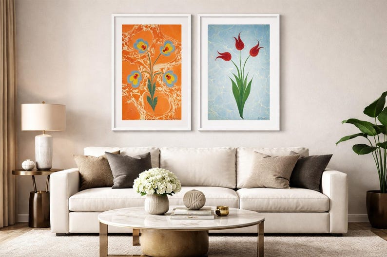 Turkish Ebru Art Prints Set, Floral Wall Art, White Frame Gallery Set ...