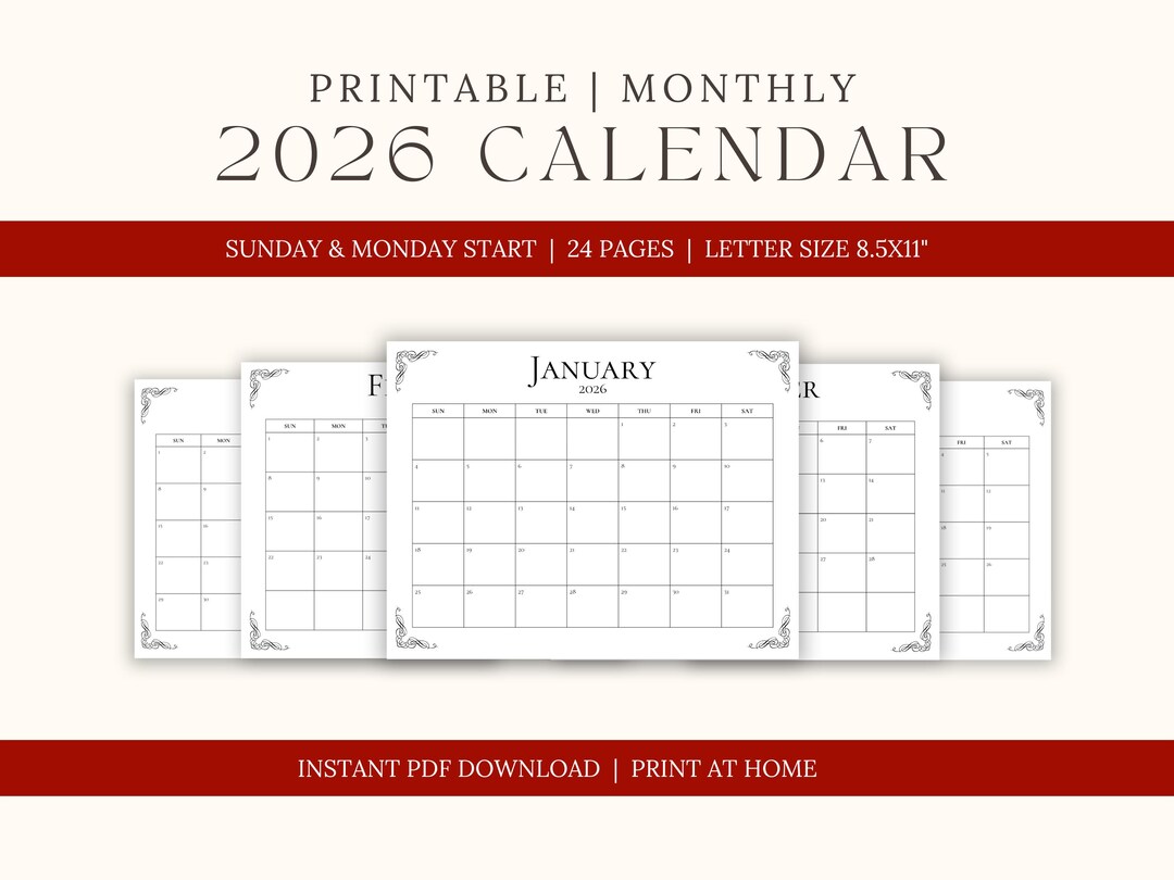 2026 Monthly Calendar Printable Letter Size Instant Digital Download ...