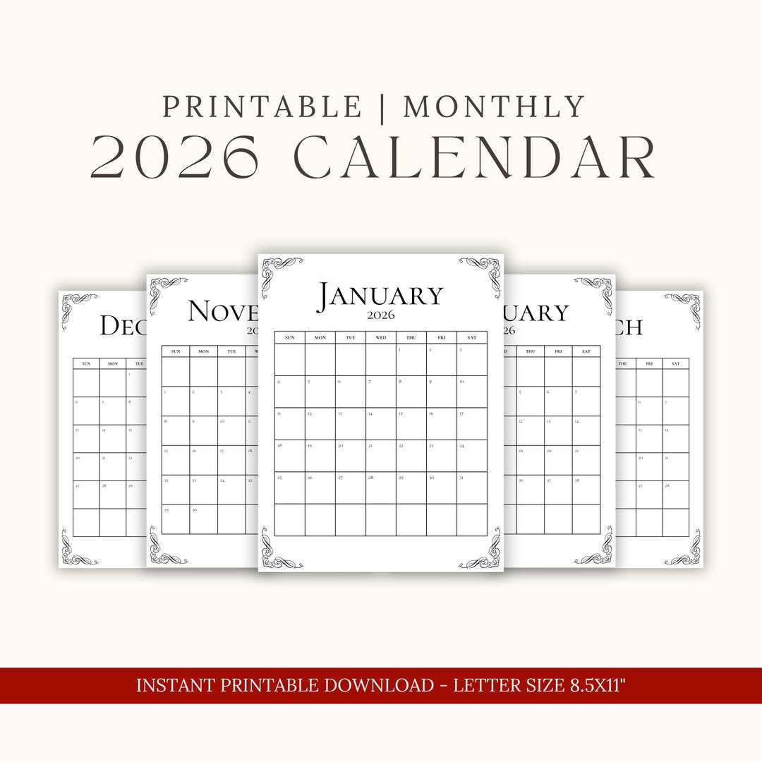 2026 Monthly Calendar Printable Letter Size Instant Digital Download ...