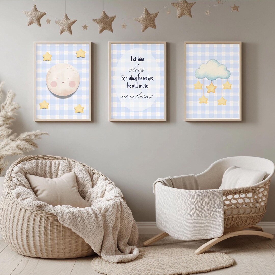 Let Him Sleep Nursery Wall Art Set | Blue Cloud Moon and Stars ...