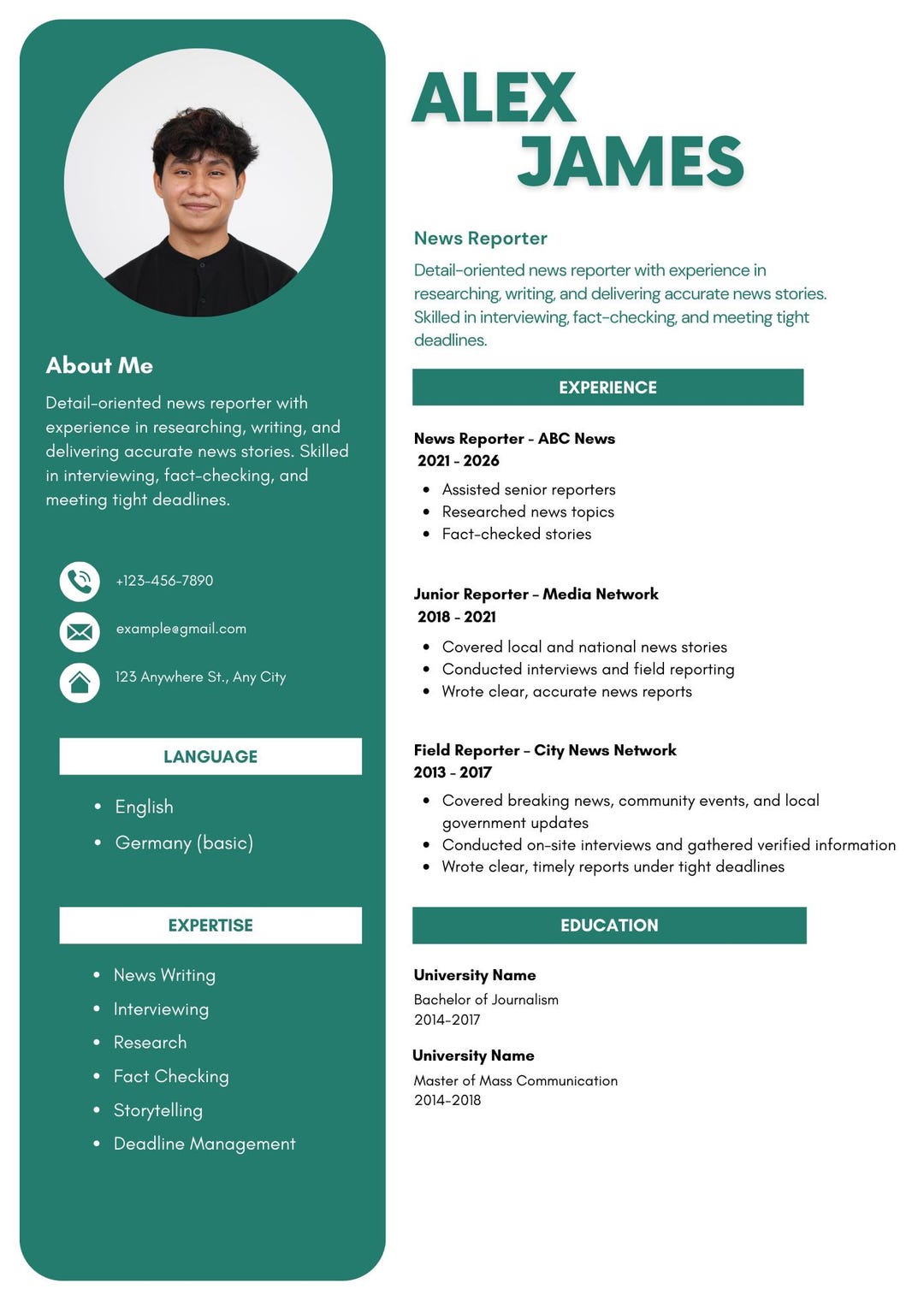 Modern Reporter Resume Template for Canva | Photo CV | Ats-friendly ...