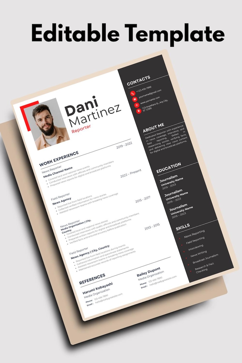 ATS Optimized Reporter Resume Template | Broadcast Journalist CV Canva ...