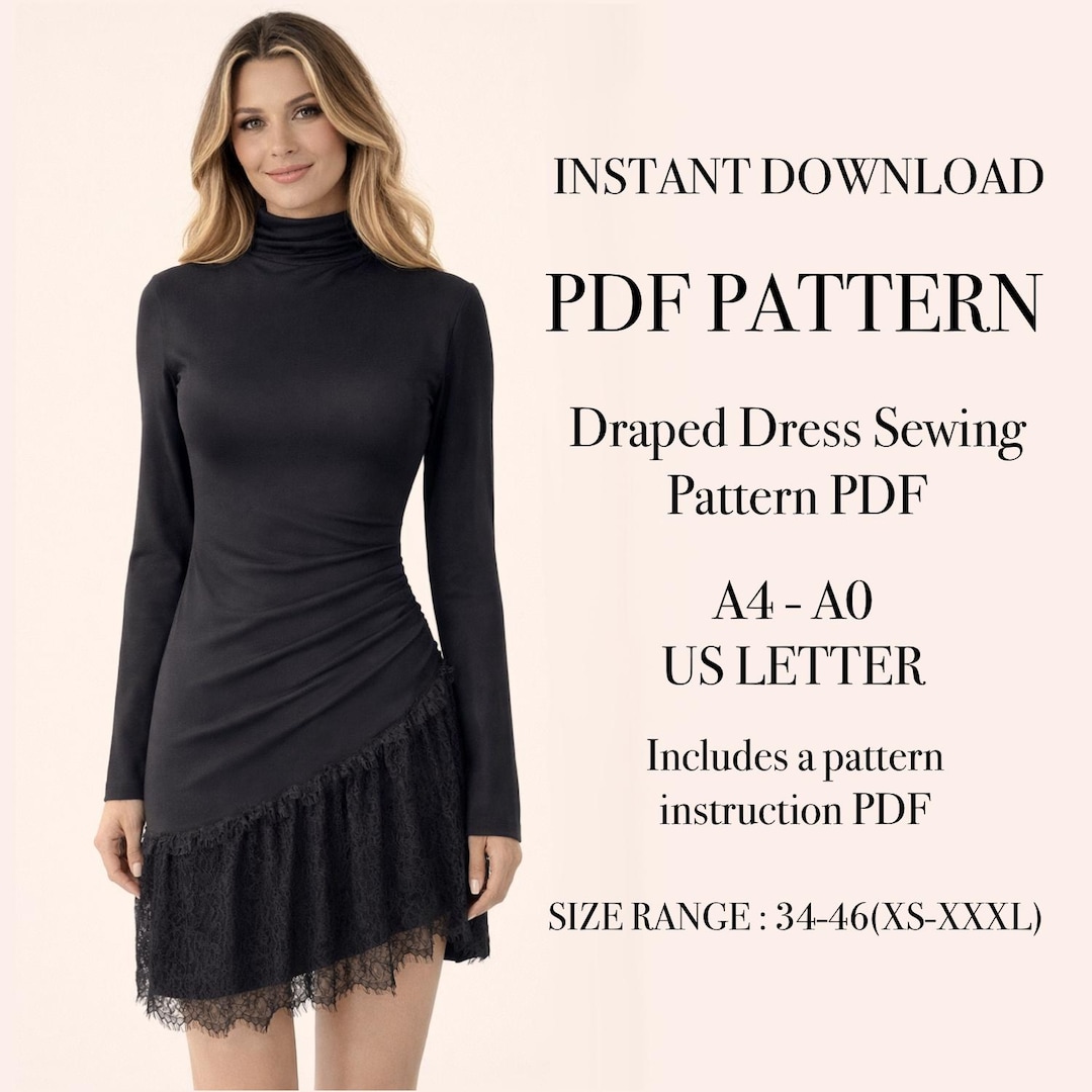 Lace Bodycon Dress Sewing Pattern PDF | Draped Stretch Fabric, 7 Sizes ...
