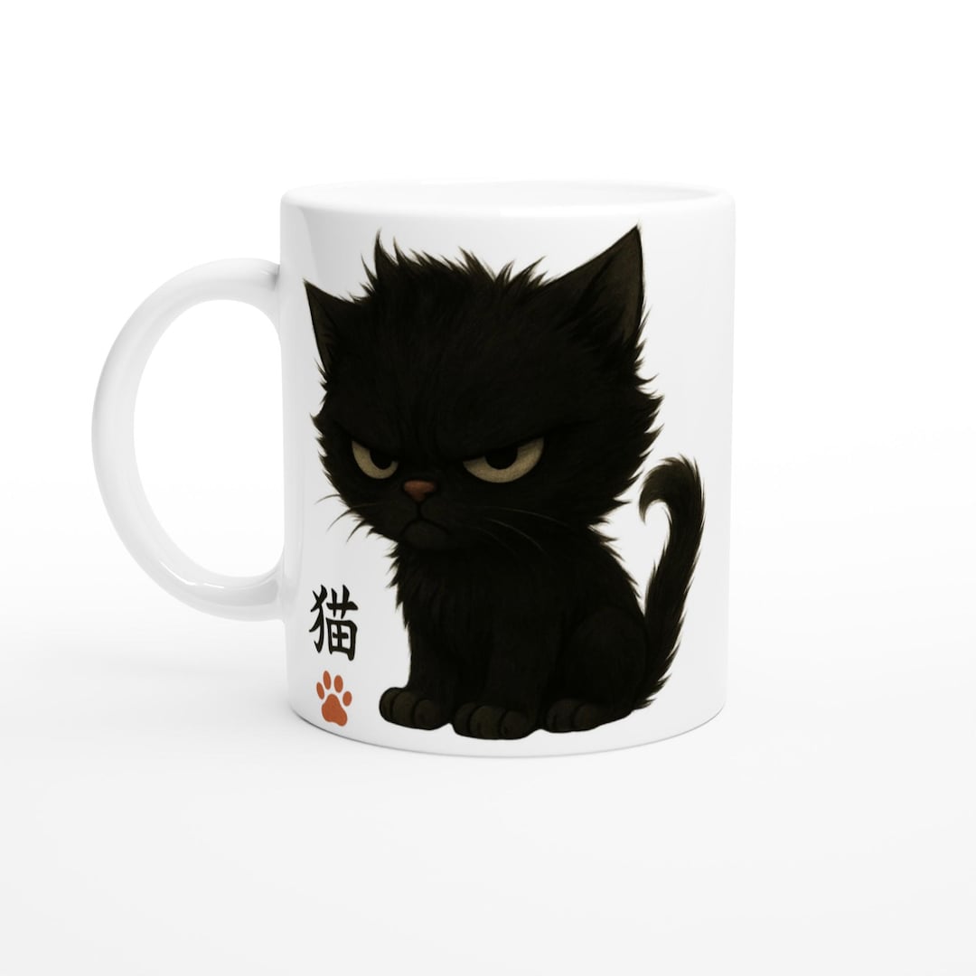 Grumpy Black Cat Mug With Japanese Kanji, Cute Angry Kitty Coffee Cup ...