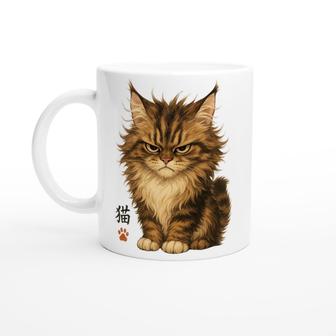 Grumpy Maine Coon Cat Mug With Japanese Kanji, Cute Angry Kitty Coffee ...