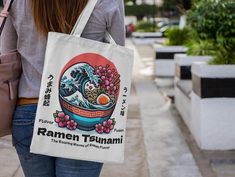 Ramen Tsunami Cotton Tote | Japanese Wave Ramen Bowl Illustration - Etsy