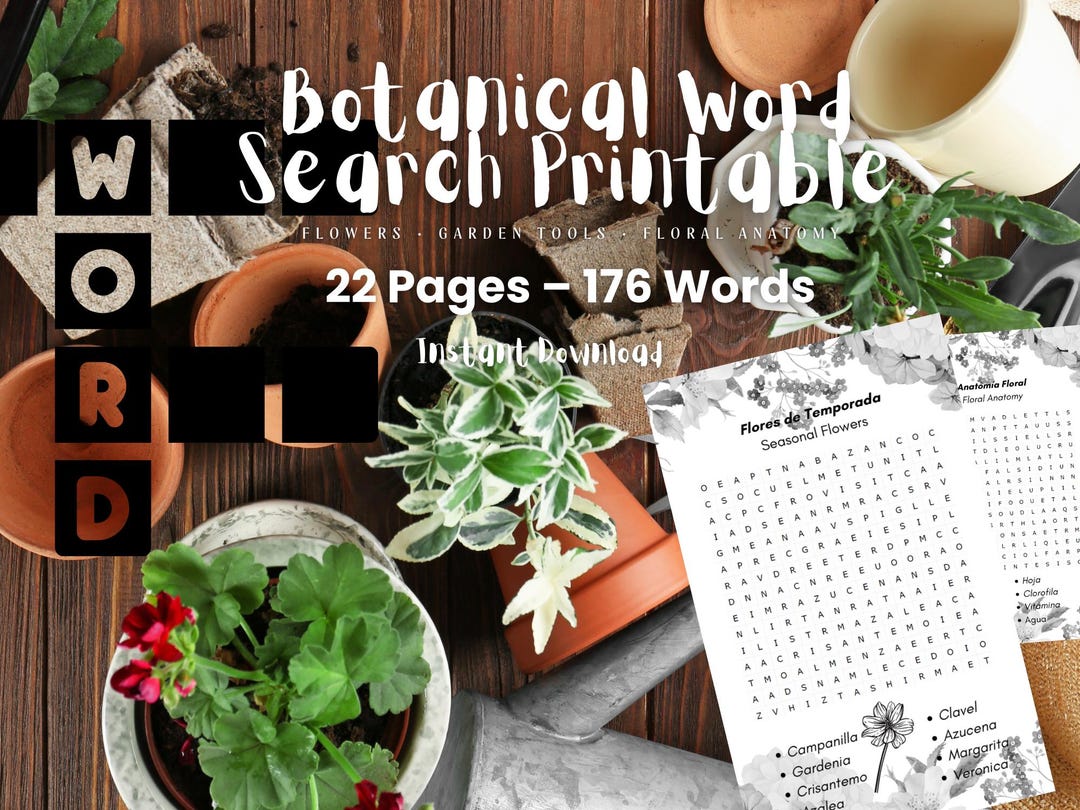 Botanical Word Search Printable – Flower, Garden Tools & Floral Anatomy ...