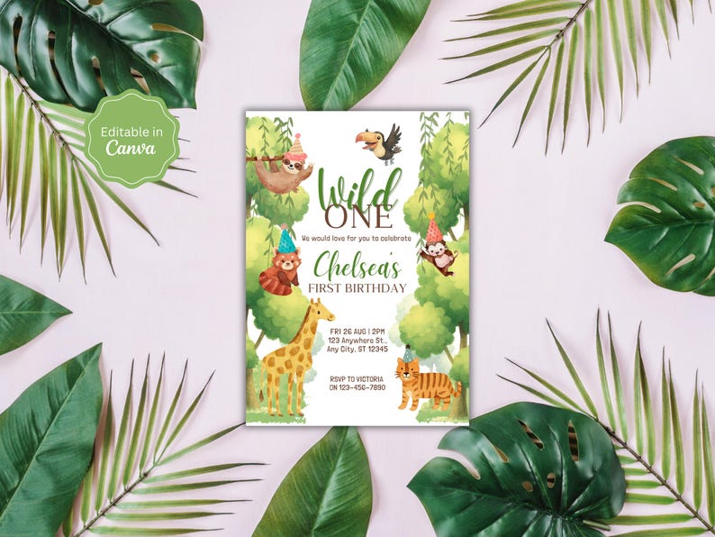Safari Birthday Invitation Wild One Invite Editable Printable Canva ...