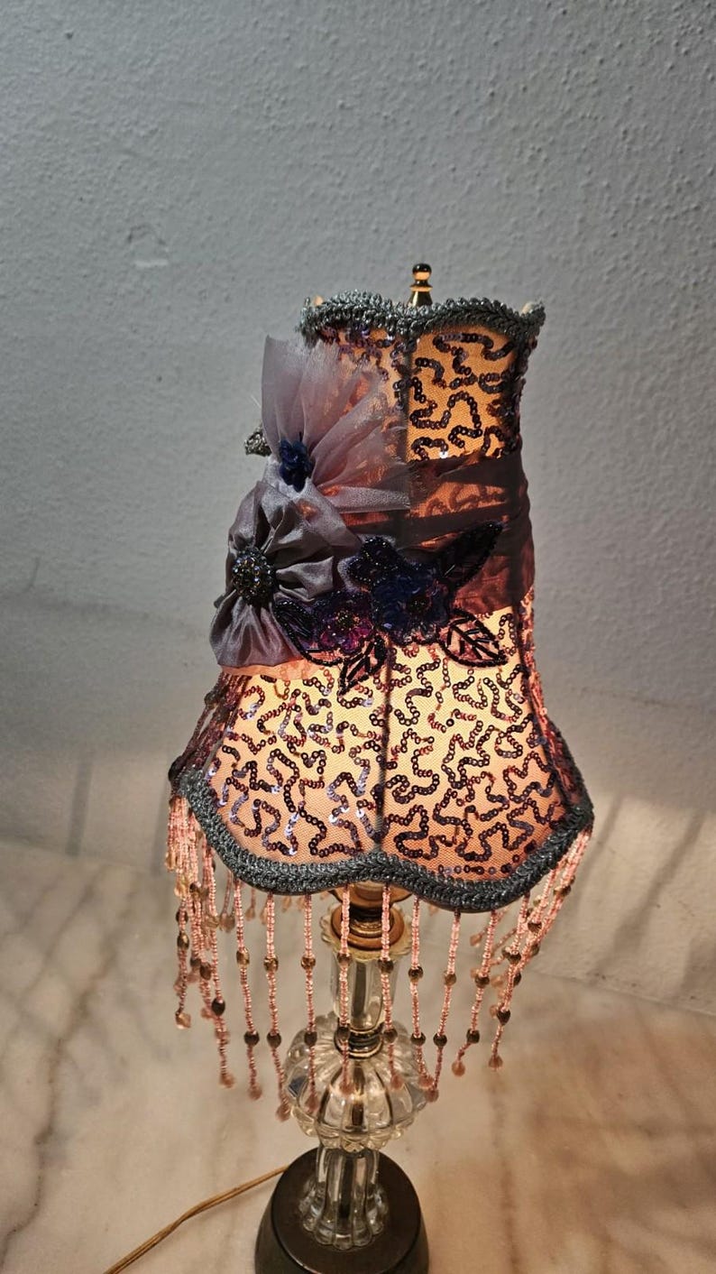 Victorian Beaded Table Lamp Pink Floral Shade Glass Base Vintage Style ...