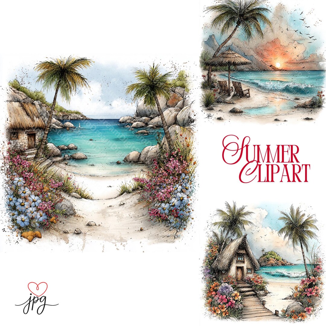 Watercolor Tropical Beach Clipart Bundle, Sunny Day Clipart Summer ...