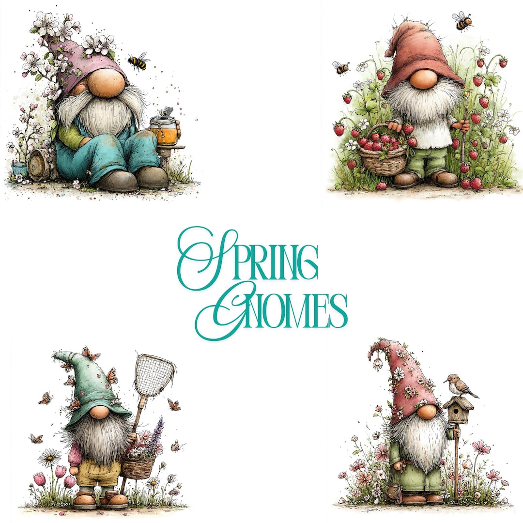 Cute Spring Gnomes Clipart Bundle, Garden Gnomes JPG, Floral Gnomes ...